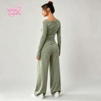 China Custom Women's Ruched Boat Neck Top Wide Leg Pants Set for sale