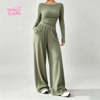 China Custom Women's Ruched Boat Neck Top Wide Leg Pants Set for sale