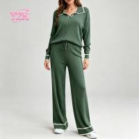 China Custom Women's Contrast Trim Collar Top Wide Leg Pants Set for sale