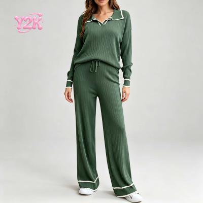 China Custom Women's Contrast Trim Collar Top Wide Leg Pants Set for sale