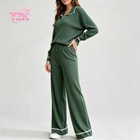 China Custom Women's Contrast Trim Collar Top Wide Leg Pants Set for sale