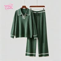 China Custom Women's Contrast Trim Collar Top Wide Leg Pants Set for sale