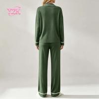 China Custom Women's Contrast Trim Collar Top Wide Leg Pants Set for sale