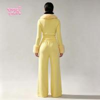 China Custom Women's Faux Fur Trim Hoodie Wide Leg Tracksuit Set for sale