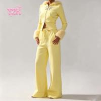 China Custom Women's Faux Fur Trim Hoodie Wide Leg Tracksuit Set for sale