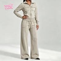 China Custom Women's Velour Pocket Zip Jacket Wide Leg Pants Set for sale