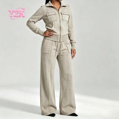 China Custom Women's Velour Pocket Zip Jacket Wide Leg Pants Set for sale