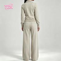 China Custom Women's Velour Pocket Zip Jacket Wide Leg Pants Set for sale