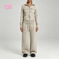 China Custom Women's Velour Pocket Zip Jacket Wide Leg Pants Set for sale