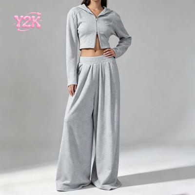 China Custom Women's Collared Crop Top Pleated Wide Leg Pants Set for sale