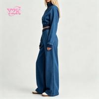China Custom Women's Cropped Denim Half Zip Top Wide Leg Pants Set for sale