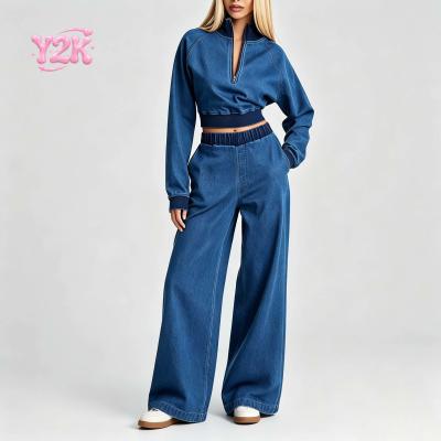 China Custom Women's Cropped Denim Half Zip Top Wide Leg Pants Set for sale