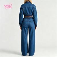 China Custom Women's Cropped Denim Half Zip Top Wide Leg Pants Set for sale