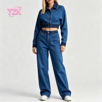 China Custom Women's Cropped Denim Half Zip Top Wide Leg Pants Set for sale