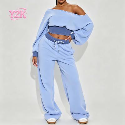 China Custom Women's Off Shoulder Crop Top Baggy Sweatpants Set for sale