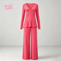 China Custom Women's Ribbed Button Cardigan Wide Leg Pants Set for sale