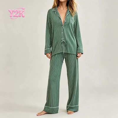 China Custom Women's Striped Button Shirt Wide Leg Pajama Set for sale