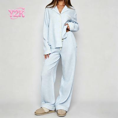 China Custom Women's Checkered Button Shirt Straight Pajama Pants Set for sale