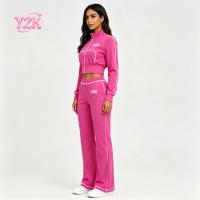 China Custom Women's Contrast Piping Zip Up Jacket & Wide Leg 2pc Set for sale