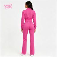 China Custom Women's Contrast Piping Zip Up Jacket & Wide Leg 2pc Set for sale
