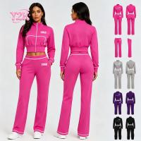 China Custom Women's Contrast Piping Zip Up Jacket & Wide Leg 2pc Set for sale