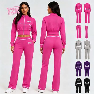 China Custom Women's Contrast Piping Zip Up Jacket & Wide Leg 2pc Set for sale