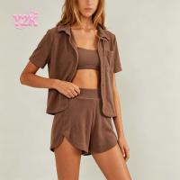 China Custom Women's Terry Cloth Shirt & Tank & Shorts 3pc Lounge Set for sale