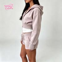 China Custom Pink Cropped Zip Up Hoodie & Shorts Casual Lounge Set for sale
