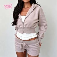 China Custom Pink Cropped Zip Up Hoodie & Shorts Casual Lounge Set for sale