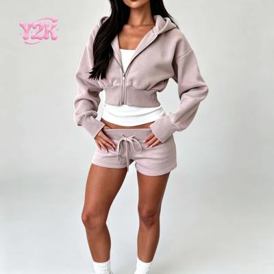 China Custom Pink Cropped Zip Up Hoodie & Shorts Casual Lounge Set for sale