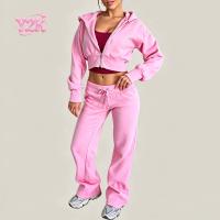 China Custom Pink Cropped Zip Up Hoodie & Wide Leg Sweatpants Set for sale