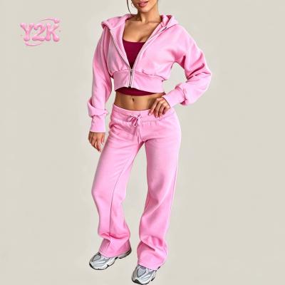 China Custom Pink Cropped Zip Up Hoodie & Wide Leg Sweatpants Set for sale