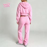 China Custom Pink Cropped Zip Up Hoodie & Wide Leg Sweatpants Set for sale