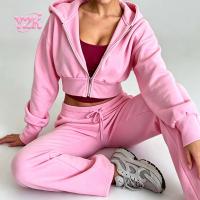 China Custom Pink Cropped Zip Up Hoodie & Wide Leg Sweatpants Set for sale