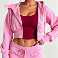 China Custom Pink Cropped Zip Up Hoodie & Wide Leg Sweatpants Set for sale