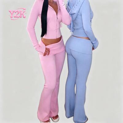 China Custom Y2K Velvet Zip Up Hoodie & Flare Pants Loungewear Set for sale
