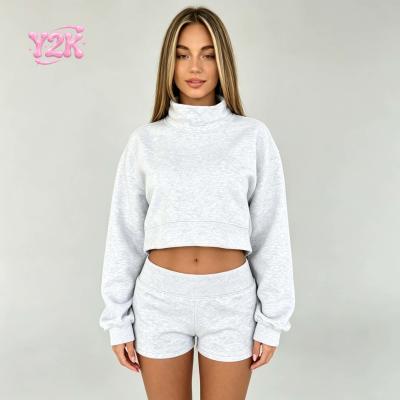China Custom Grey Cropped Sweatshirt & High Waist Shorts Lounge Set for sale