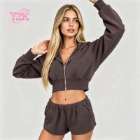 China Custom Brown Cropped Zip Up Hoodie & High Waist Shorts Set for sale