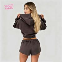 China Custom Brown Cropped Zip Up Hoodie & High Waist Shorts Set for sale