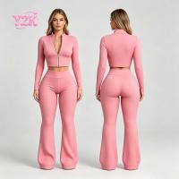 China Custom Women Yoga Set Zip Front Crop Jacket Flared Pants High Waist Yoga Leggings Fitness Gym Wear Sports Yoga Outfit Stretch Activewear OEM ODM Factory for sale