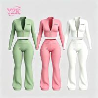 China Custom Women Yoga Set Zip Front Crop Jacket Flared Pants High Waist Yoga Leggings Fitness Gym Wear Sports Yoga Outfit Stretch Activewear OEM ODM Factory for sale