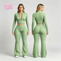 China Custom Women Yoga Set Zip Front Crop Jacket Flared Pants High Waist Yoga Leggings Fitness Gym Wear Sports Yoga Outfit Stretch Activewear OEM ODM Factory for sale