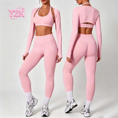China Custom Women's Shrug Sports Bra Leggings Three Piece Yoga Set for sale