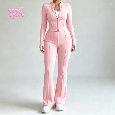China Custom Women's Zip Jacket High Waist Flare Pants Activewear Set for sale