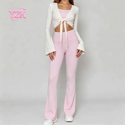 China Custom Women's Wrap Crop Top Flare Pants Three Piece Set for sale