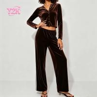 China Custom Women's Velvet Henley Top Wide Leg Pants Two Piece Set for sale