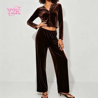 China Custom Women's Velvet Henley Top Wide Leg Pants Two Piece Set for sale
