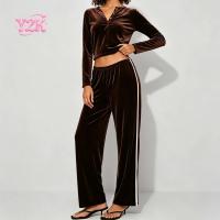 China Custom Women's Velvet Henley Top Wide Leg Pants Two Piece Set for sale