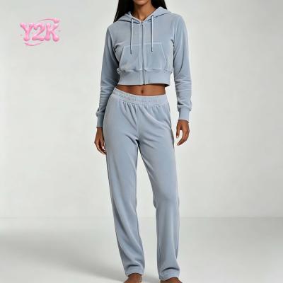 China Custom Women's Velour Cropped Hoodie Straight Leg Pants Set for sale
