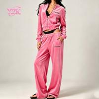 China Custom Women's Velour Zip Hoodie Wide Leg Pants Two Piece Set for sale